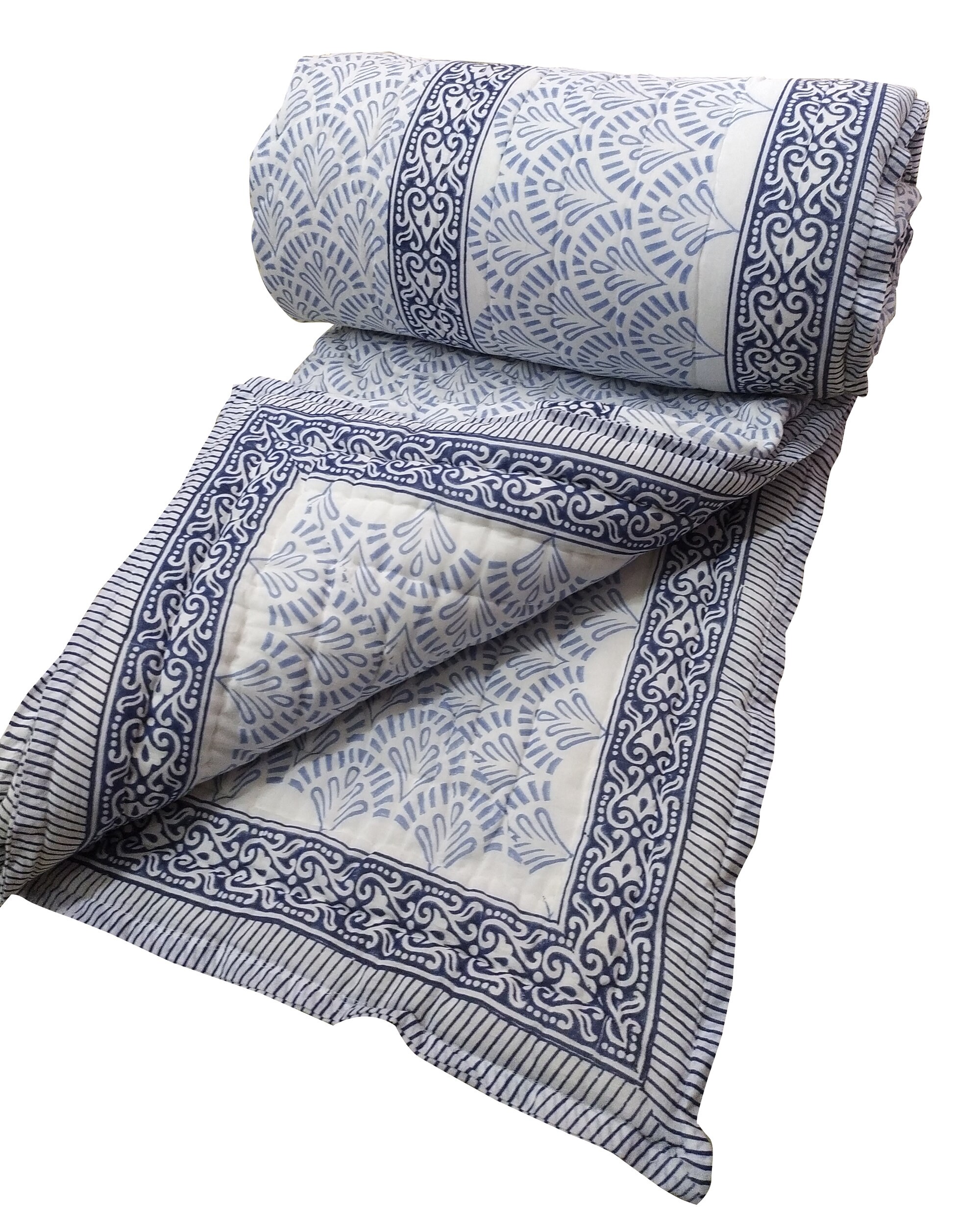 Blue Hand Block Print Cotton Quilt, 100% Cotton Filing Very Soft ...