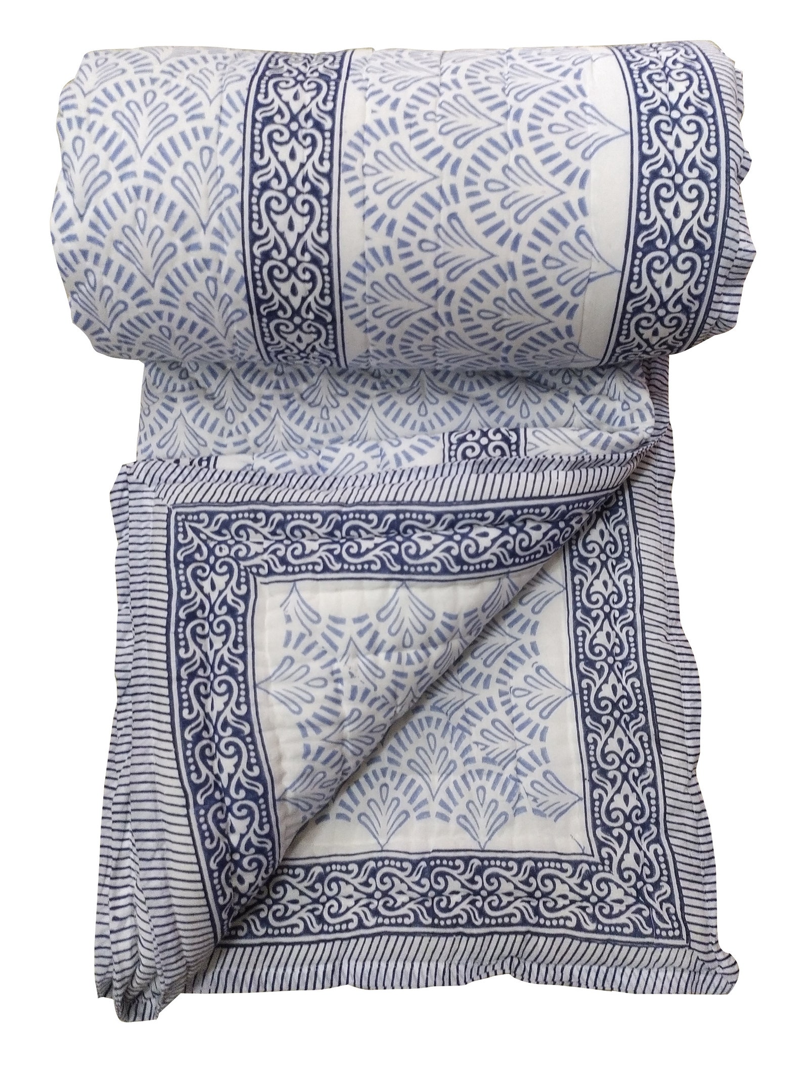 Blue Hand Block Print Cotton Quilt, 100% Cotton Filing Very Soft ...