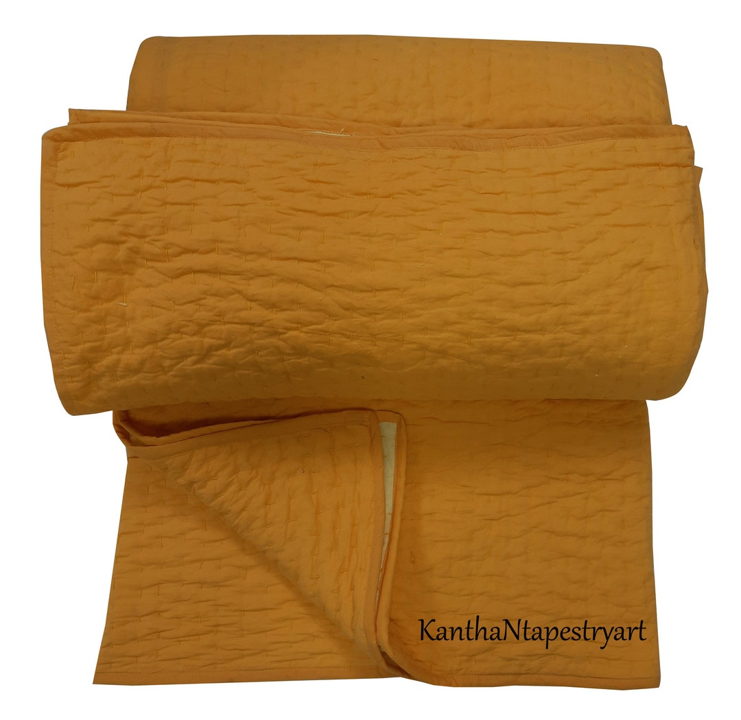 Solid Yellow Color Kantha Quilt Handmade, Quilt Soft Cotton Filling ...