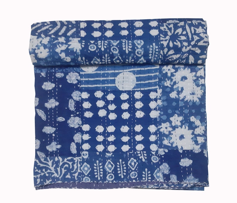 Indigo Hand Block Printed Kantha Quilt, Patchwork Cotton ...