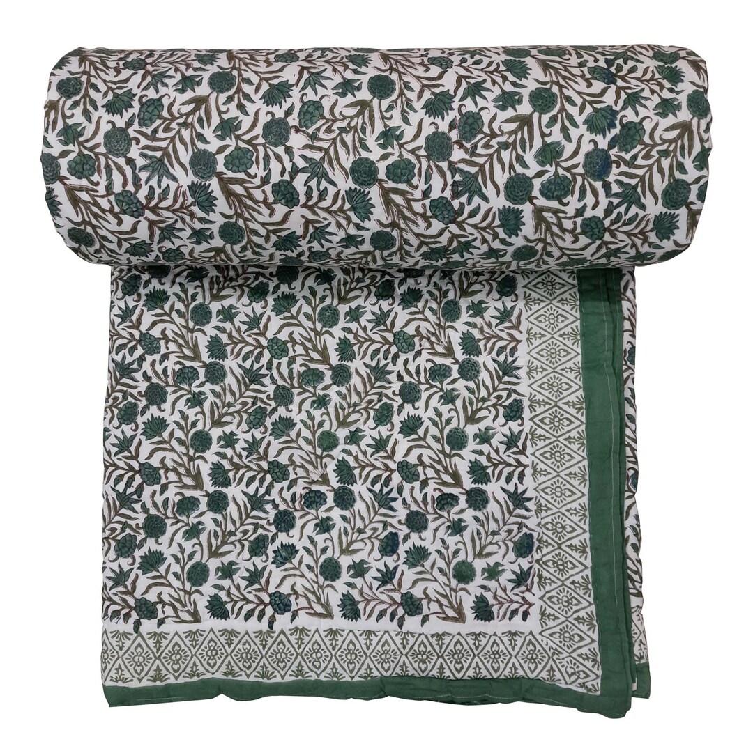 Green Floral Hand Block Print Quilt Reversible Quilt Soft Quality ...