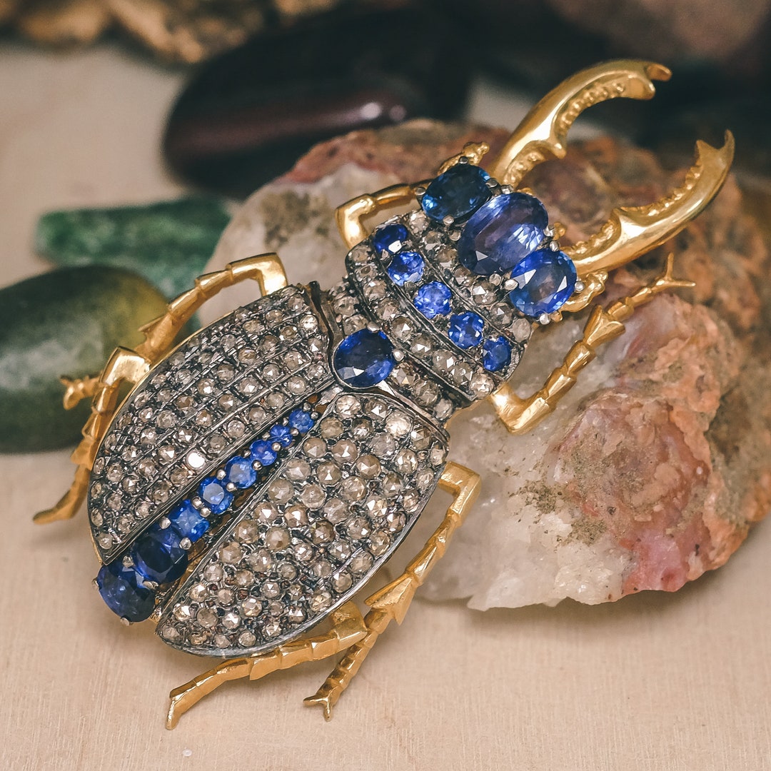 Vintage Sapphire & Diamond Stag Beetle Brooch Silver Gilt Bug Brooch ...