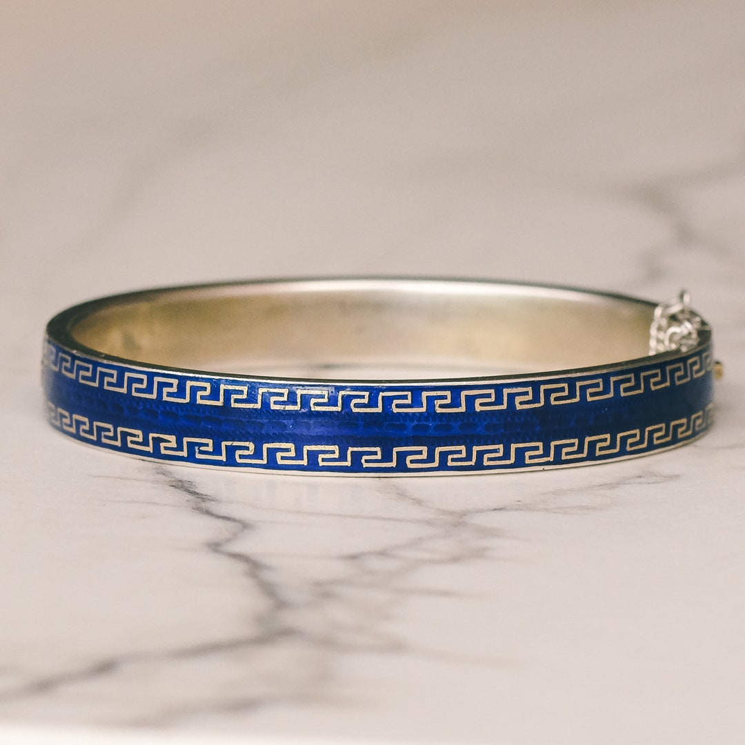 Victorian Blue Enamel Greek Key Bangle Sterling Silver Antique Bracelet ...
