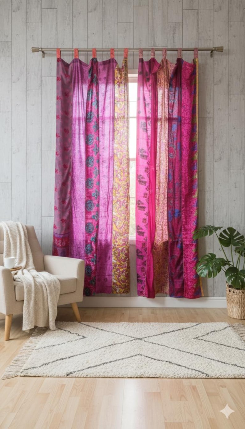 Handmade Vintage Silk Sari Curtain, Boho Patchwork Window Decor - Etsy