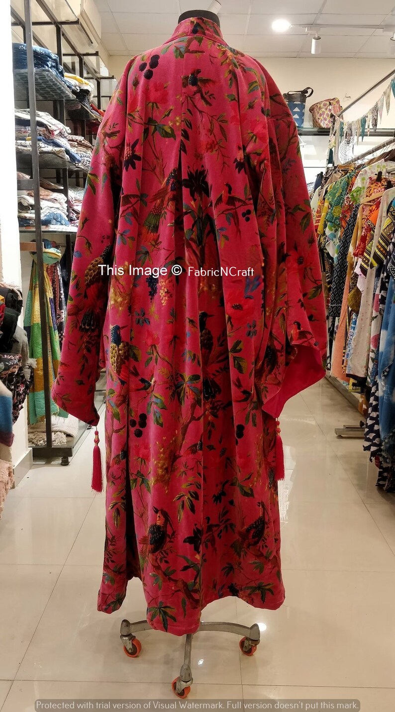 OFMD Pink Bird Velvet Banyan Fabric Kimono Cotton Velvet Robe - Etsy