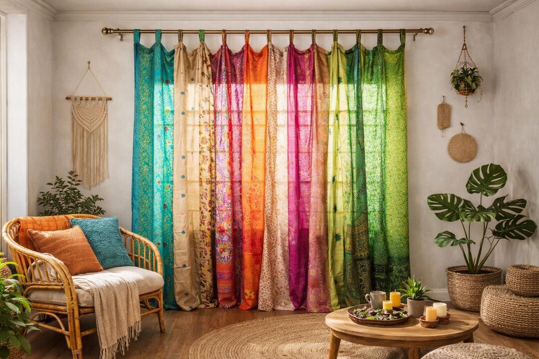 Boho Patchwork Silk Sari Curtain, Handmade Indian Window Decor - Etsy