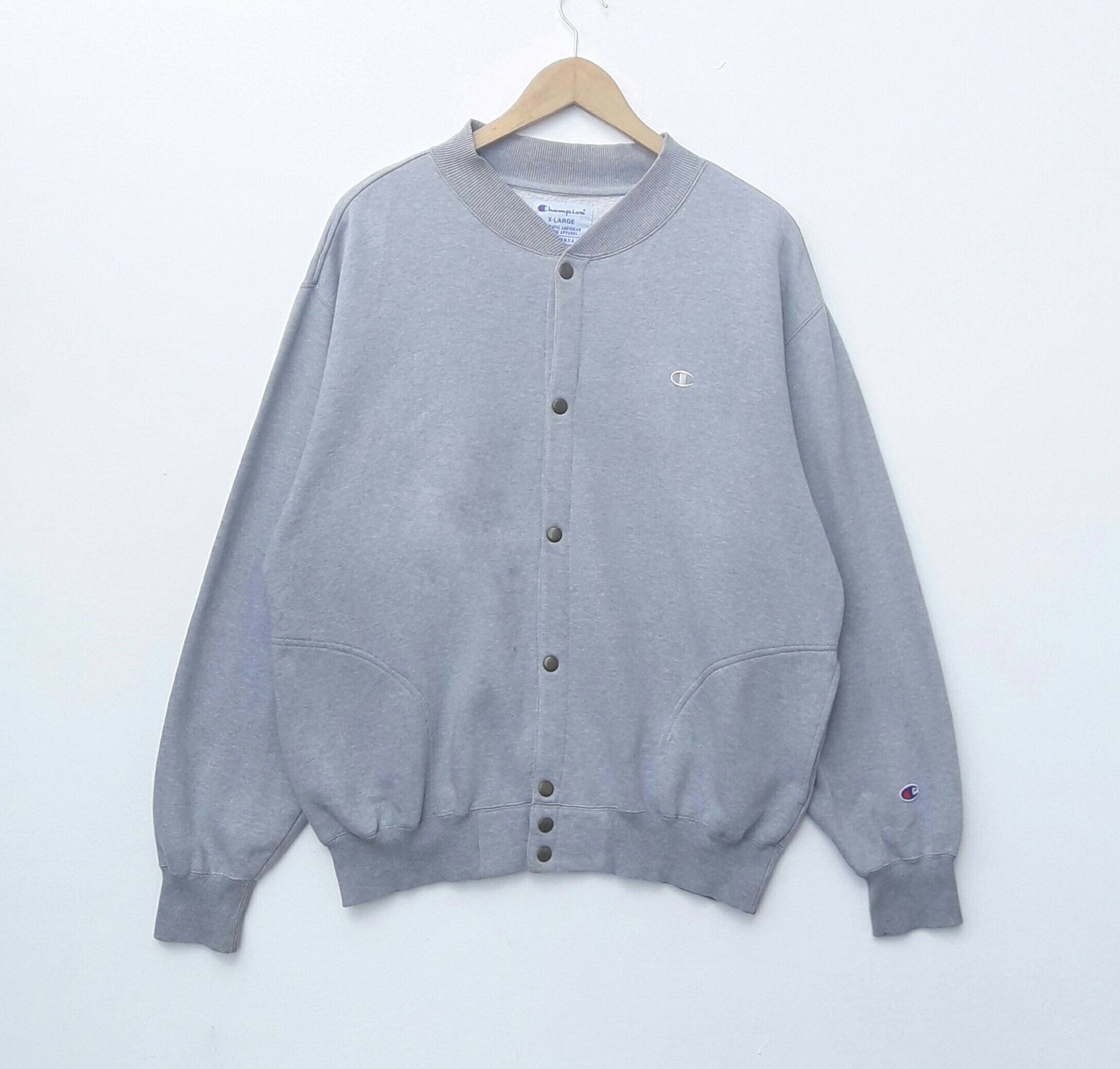 RARE! CHAMPION Button up Sweatshirt Embroidery Logo Sweater Pullover ...