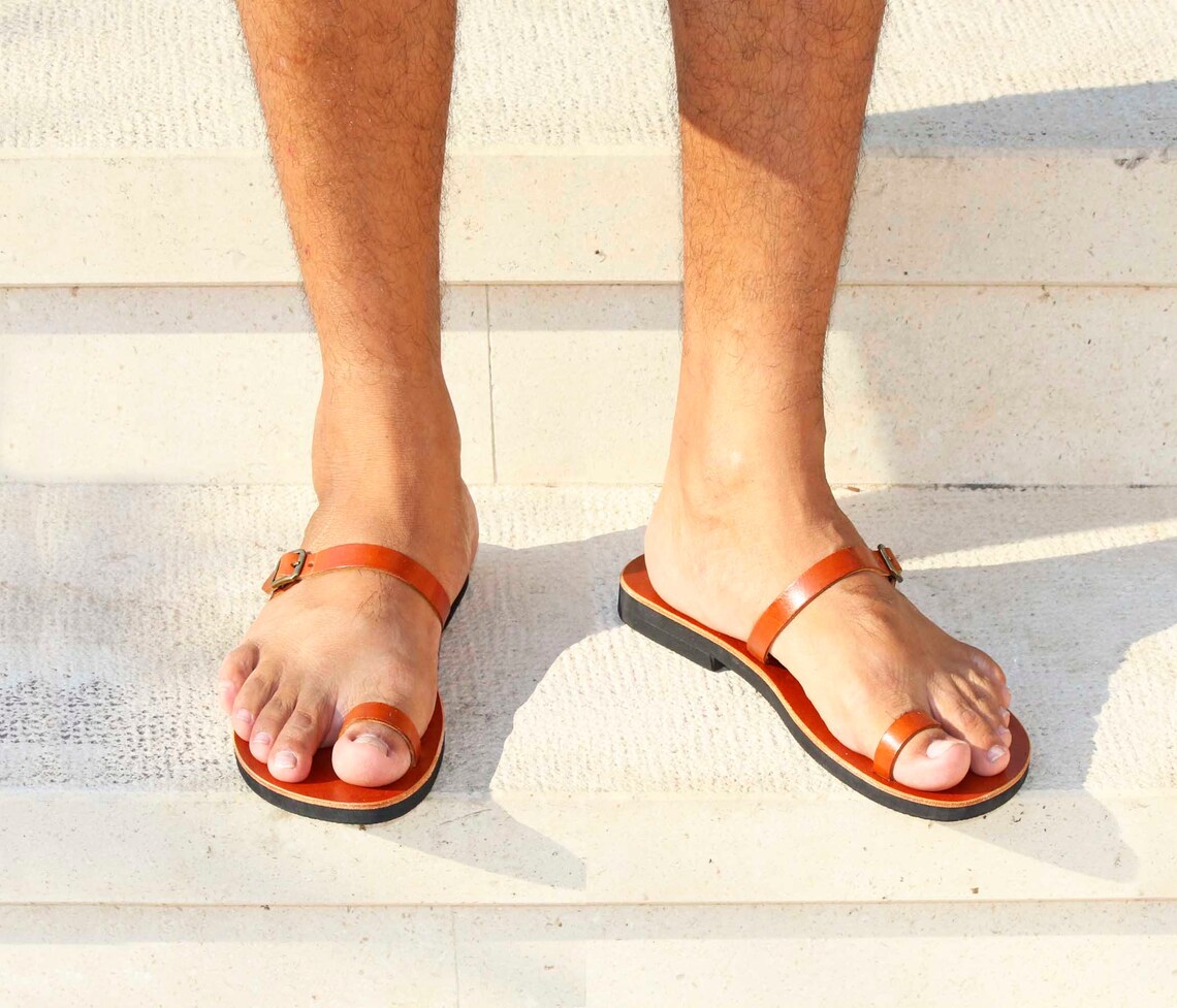 Leather Men Slides Sandals Gay Barefoot Sandals Toe Ring Men - Etsy