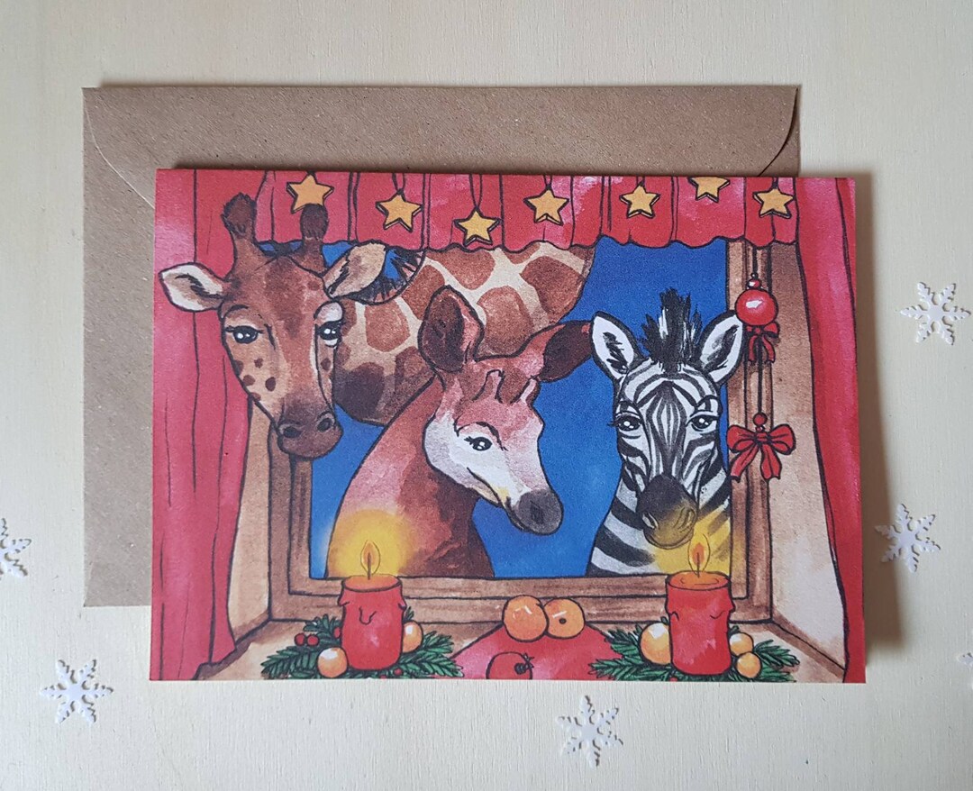 Christmas Greeting Card With Giraffe, Okapi and Zebra - Etsy