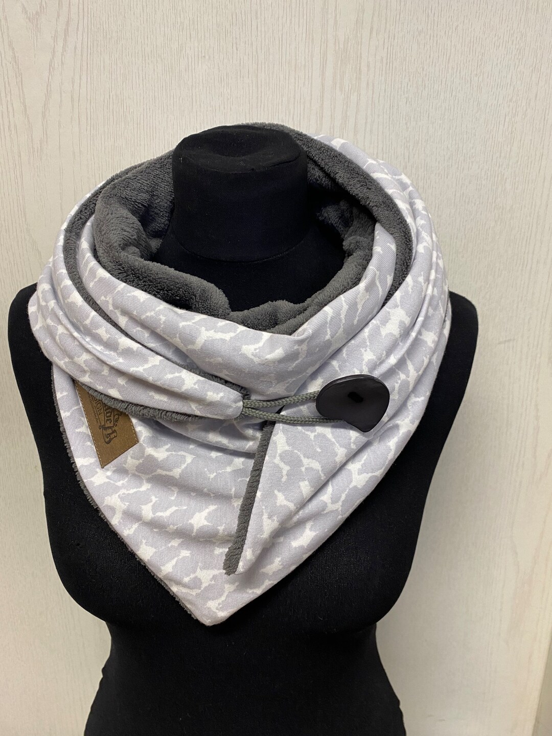 Scarf With Warm Soft Fleece. Triangle Scarf Ladies Gray With Button ...