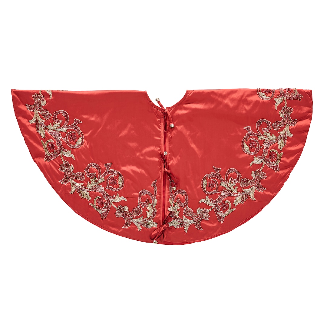 Imperial Design Hand Beaded Christmas Tree Skirt on Red - Large - 60 ...