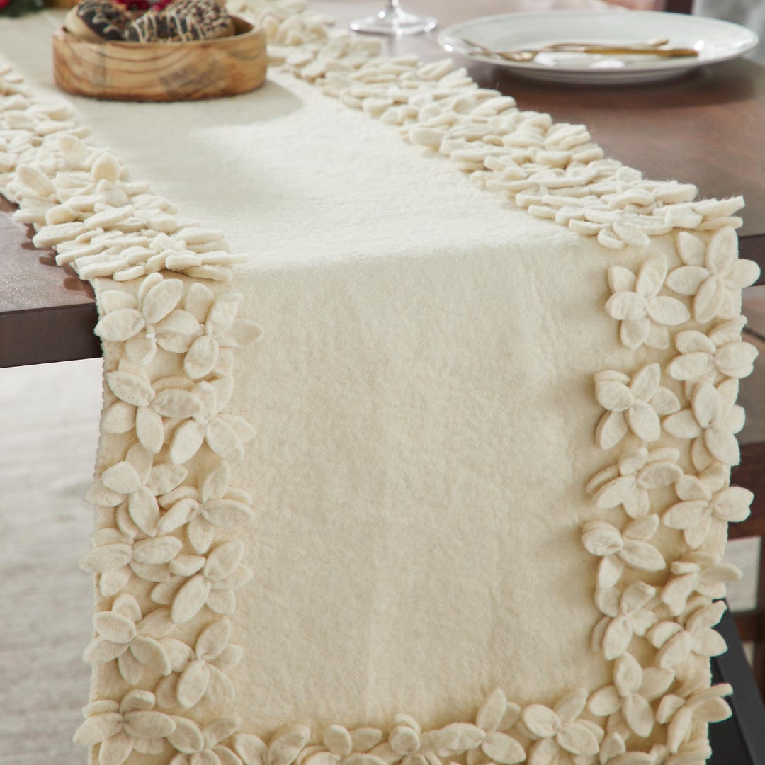 Cream Wool Table Runner. Hand Felted Wool. Floral Border Table Runner ...