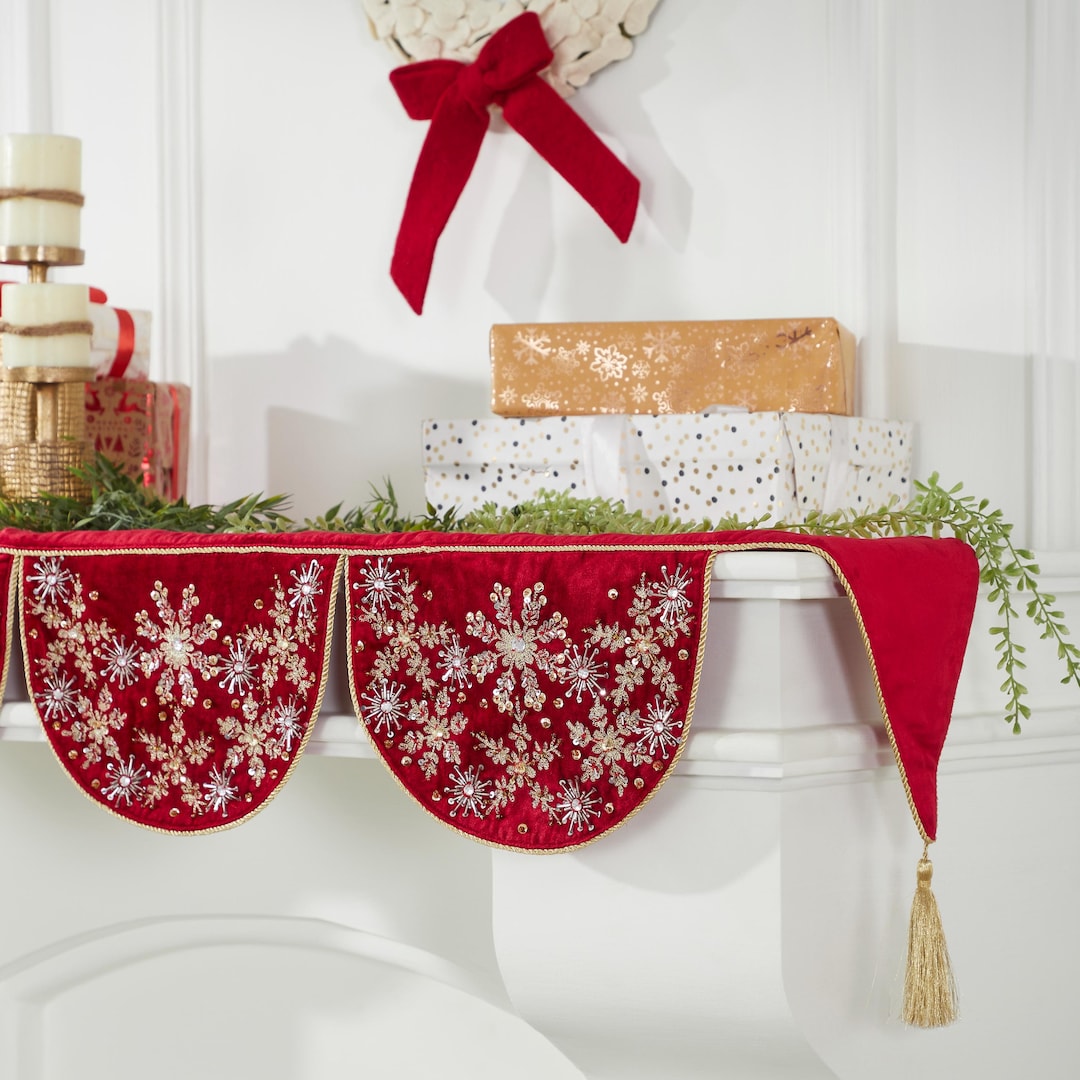 Red Velvet Mantel Scarf With Hand Beading and Crewel Embroidery - 72 ...