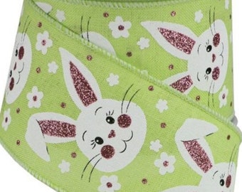 2.5” X 10 Yard Roll, Wired Easter Bunny Faces on Purple on Royal Burlap ...