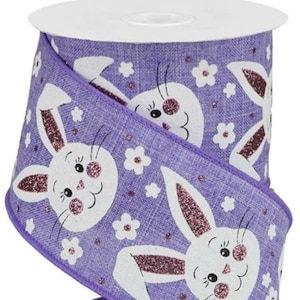 2.5” X 10 Yard Roll, Wired Easter Bunny Faces on Purple on Royal Burlap ...