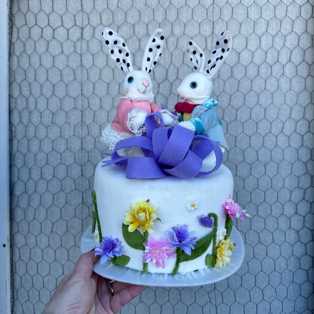 10.25” Styro Floral Bunnies & Bow on a Cake, Easter Decor, Bunny Wreath ...