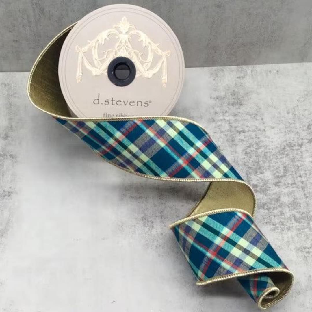 2.5" X 10yds Wired Dupion Becks Plaid in Teal, Orange and Cream, D ...