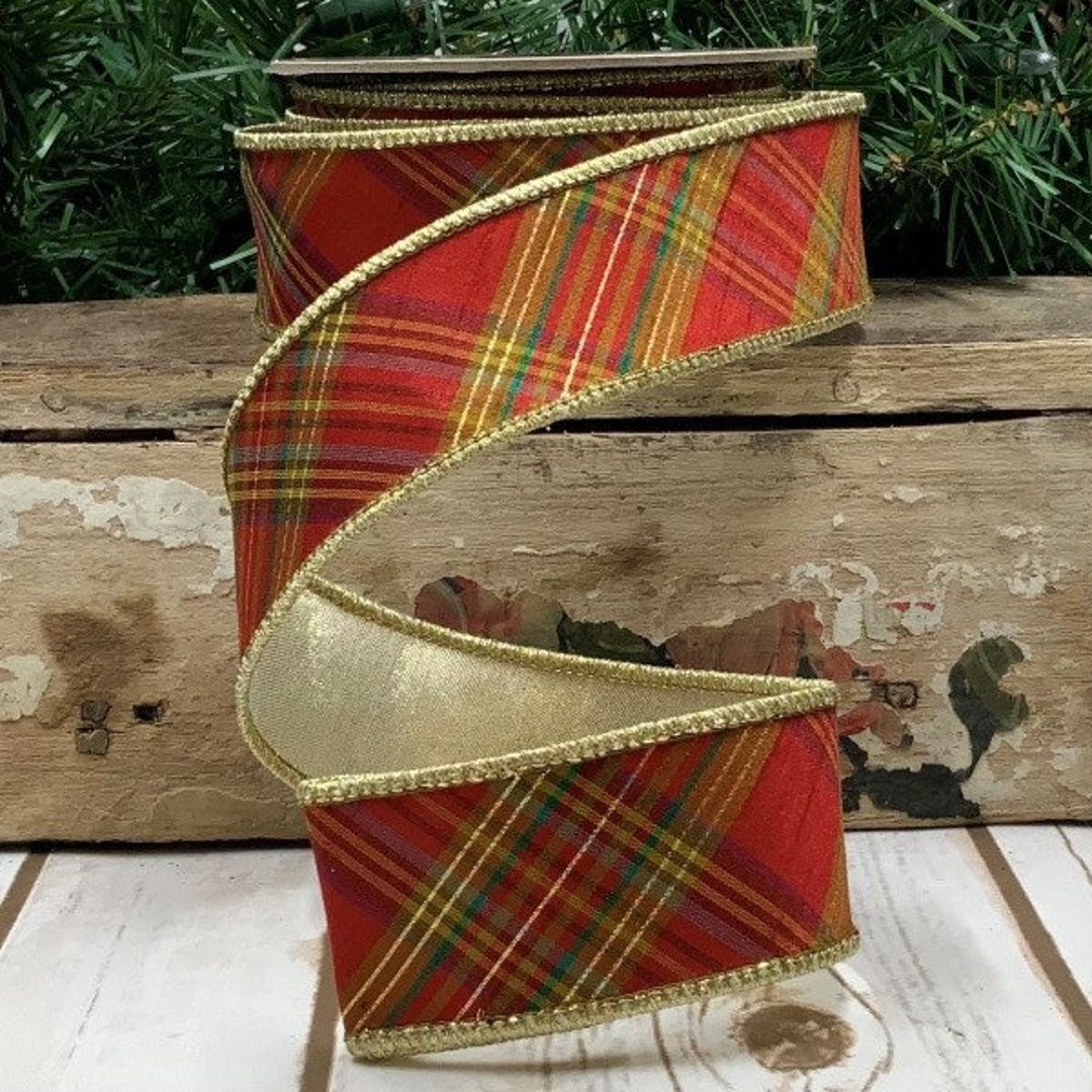 1.5" X 10yds Dupion Abbey Lane Plaid, Mustard, Hunter, and Red D ...