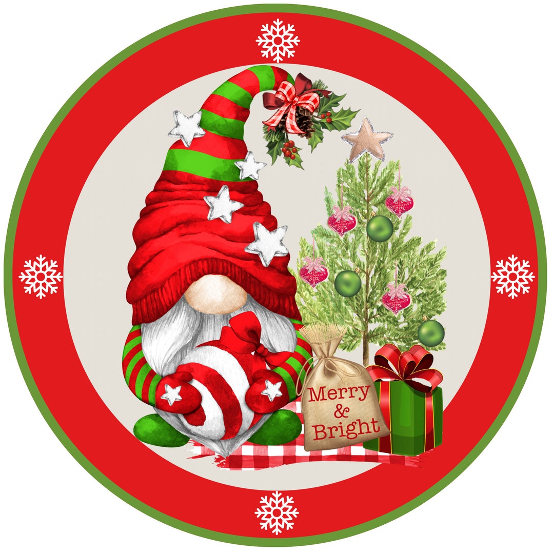 Christmas Gnome Wreath Sign, Metal Wreath Sign, 8 or 12 Inch Round Sign ...