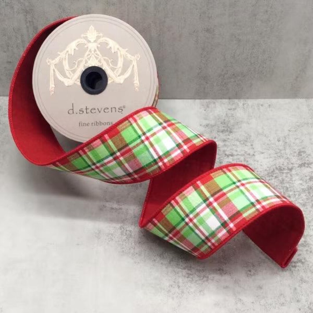 2.5" X 10yds Wired Dupion Jackson Plaid in White and Red and Apple ...