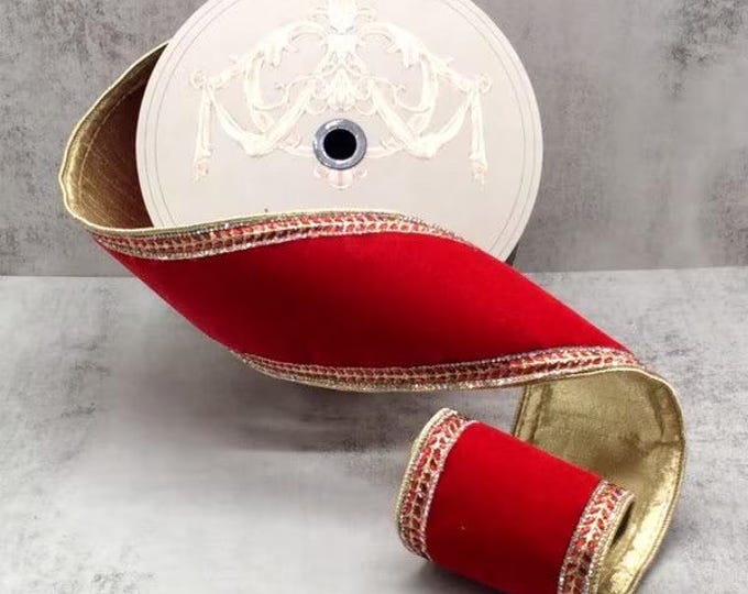 4" X 10yds Wired Red Velvet With Jewel Edge D. Stevens Ribbon, D ...