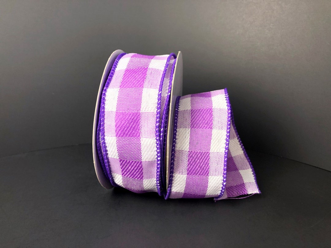 1.5” X 10 Yard Roll Wired Purple and White Check Plaid Ribbon Roll ...