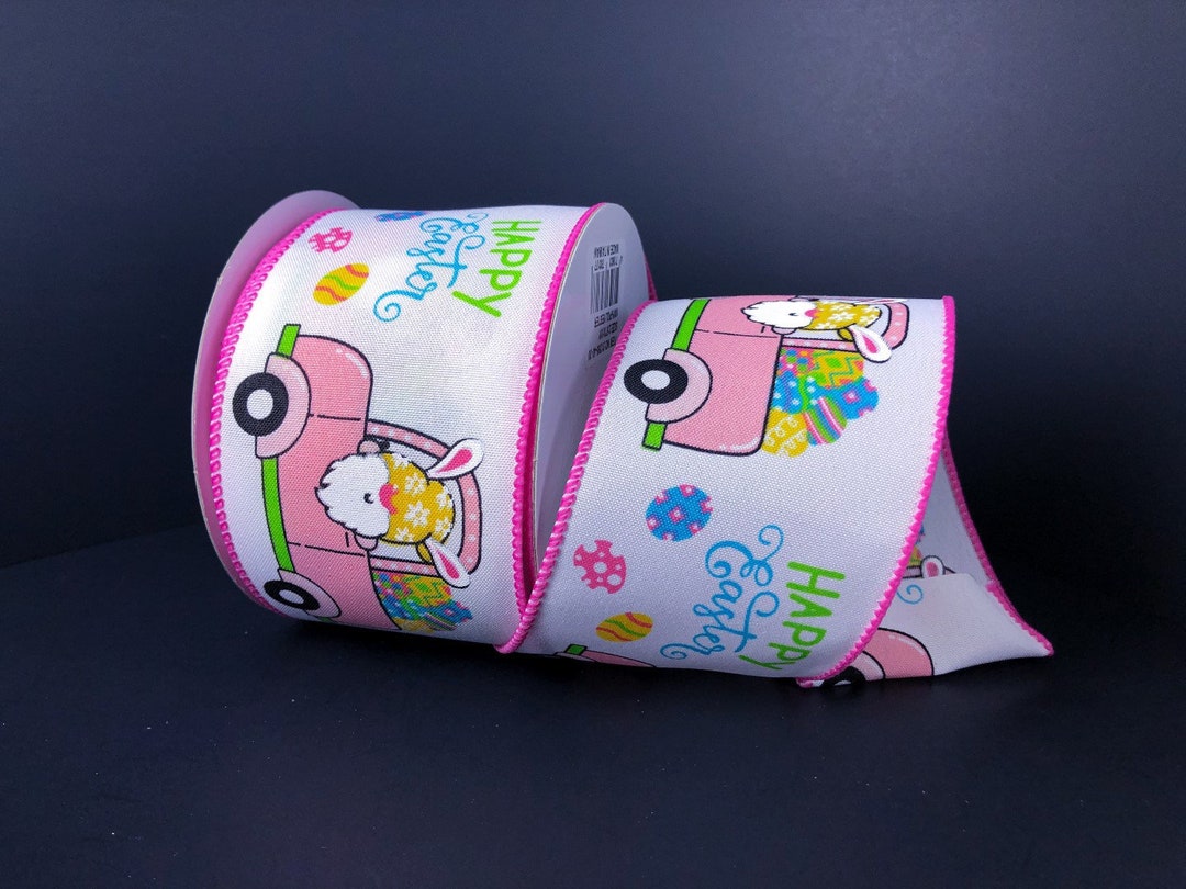 2.5” X 10 YD Wired White Satin Easter Bunny Truck Ribbon, Bunny Truck ...