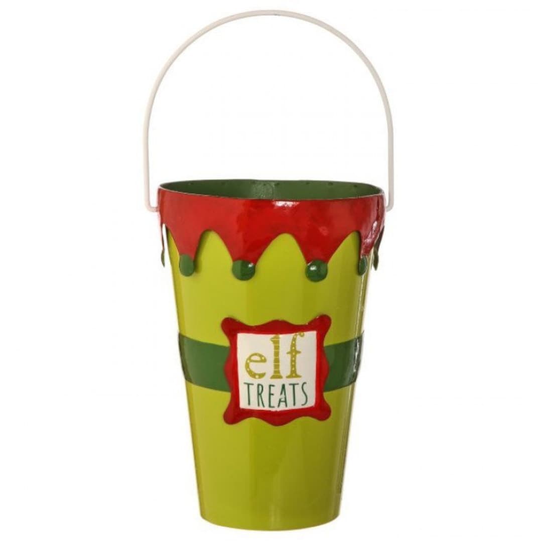 10” Metal Elf Treats Pale With Handle, Metal Elf Centerpiece Container ...