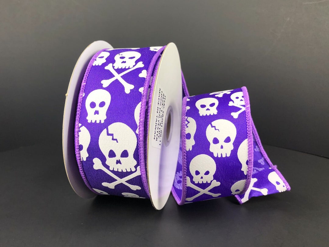 1.5” X 10 YD Wired Purple Satin With White Skulls & Crossbones ...