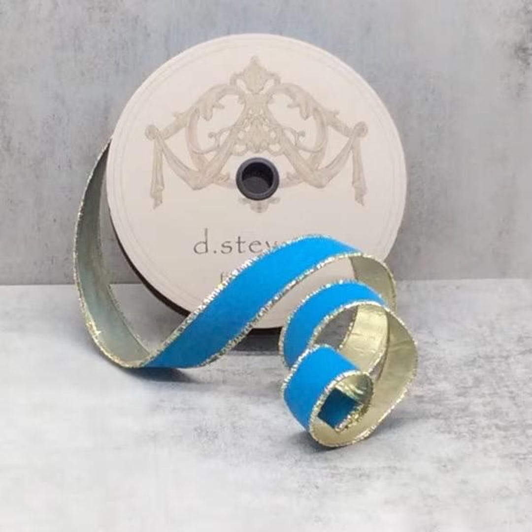 25 Yards 1” Wired Pacific Blue Velvet Dstevens Ribbon With Metallic ...