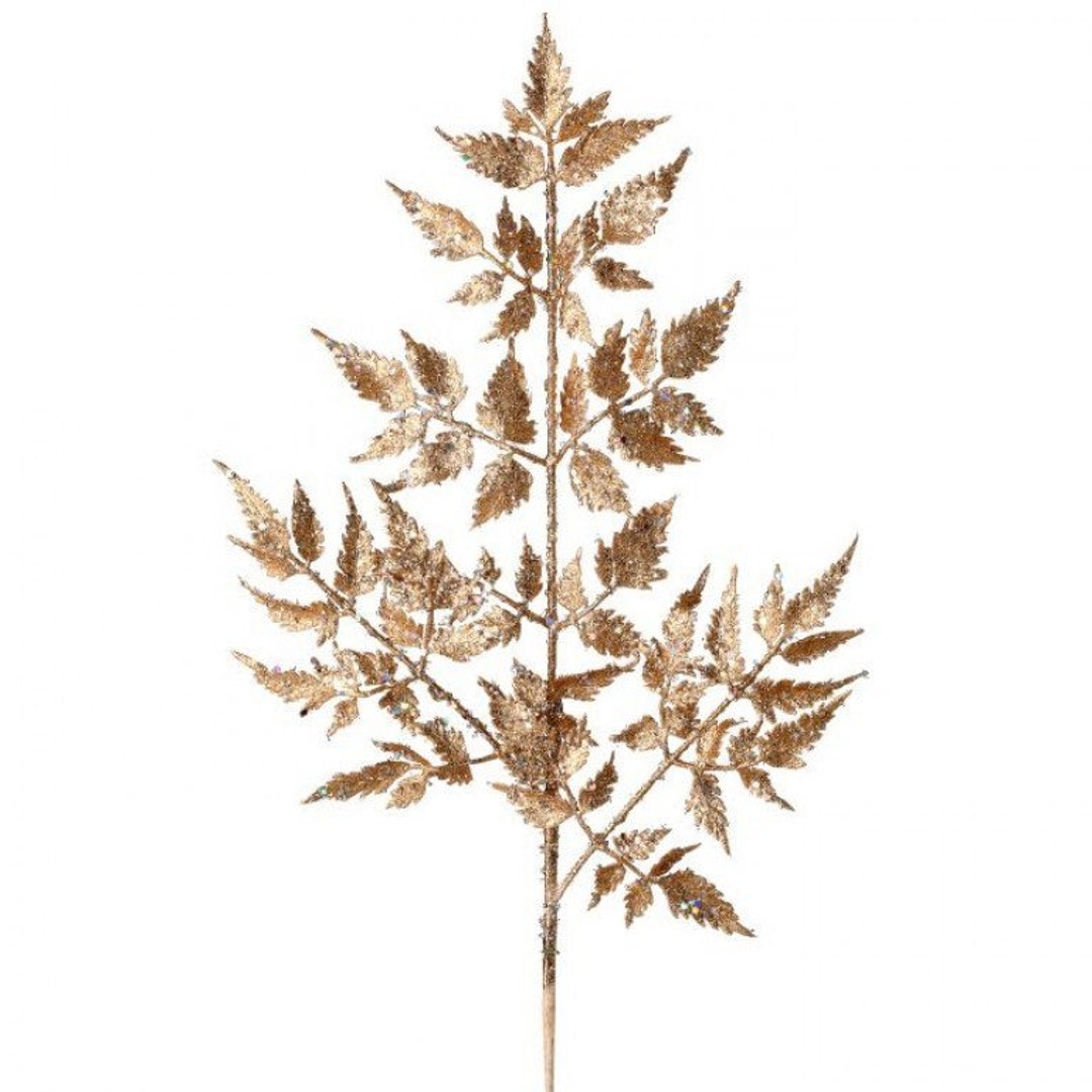 21” Sparkle Forest Fern Spray, Glitter Leaves, Champagne Gold Glitter ...