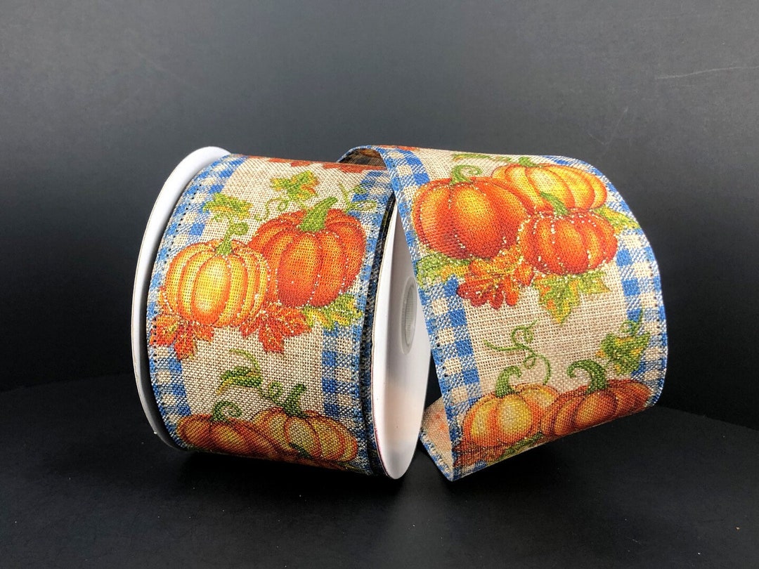 2.5” X 10 Yard Wired Fall Pumpkins With Check Trim Ribbon, 65201-40-04 ...