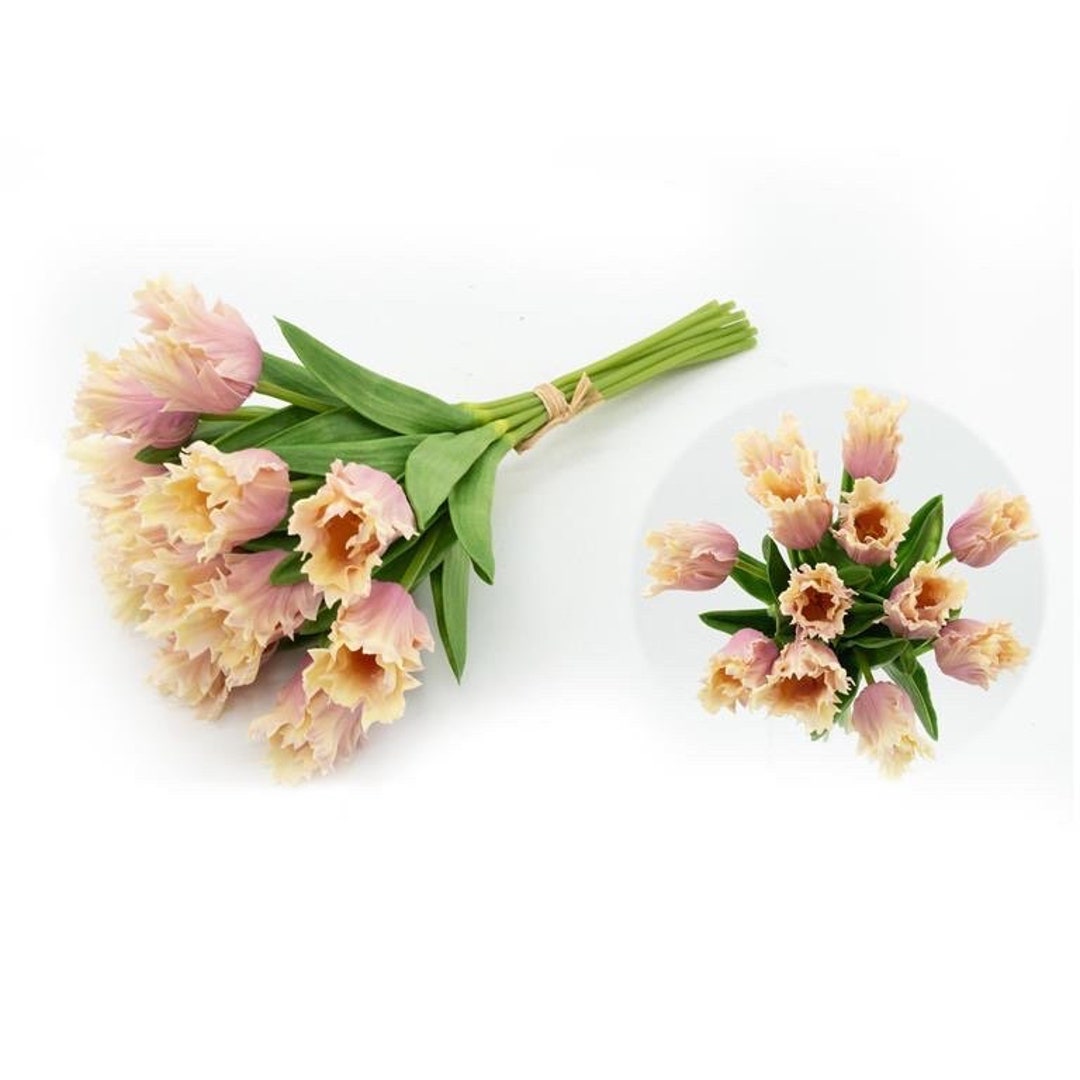 13 Pink and Cream Real Touch Parrot Tulip Bundle, Ruffle Edge Tulips ...