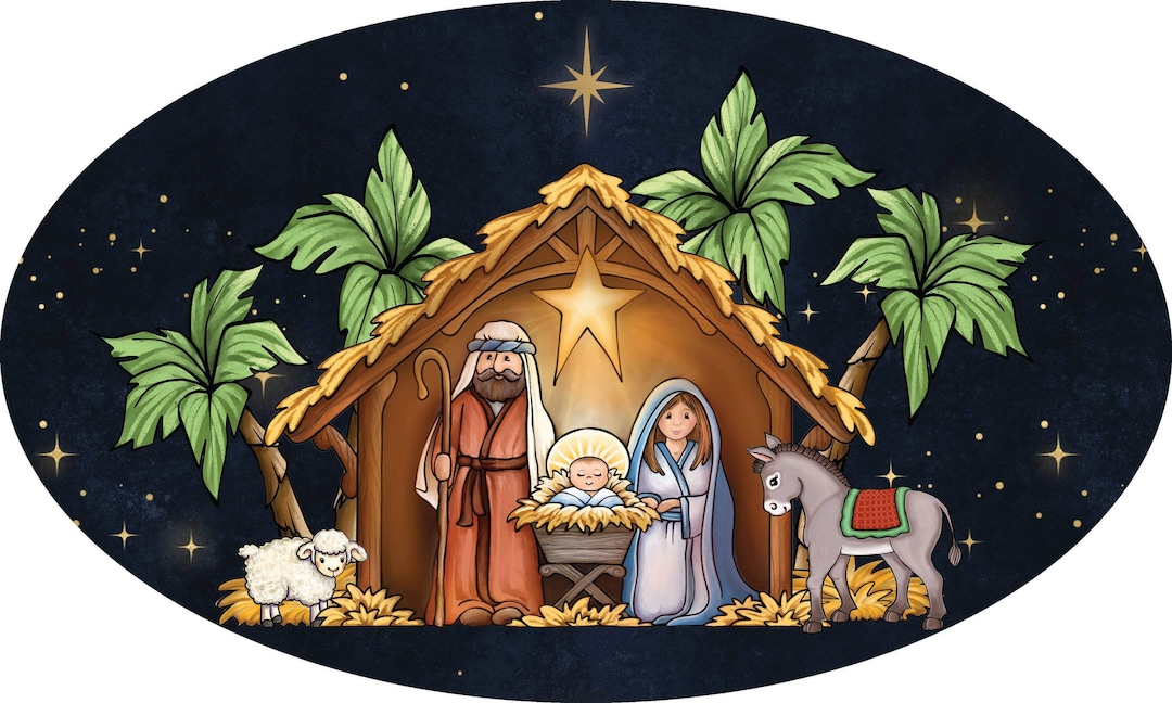 Christmas Sign, Nativity Wreath Sign, 7x12 Oval Wreath Sign, Wreath ...