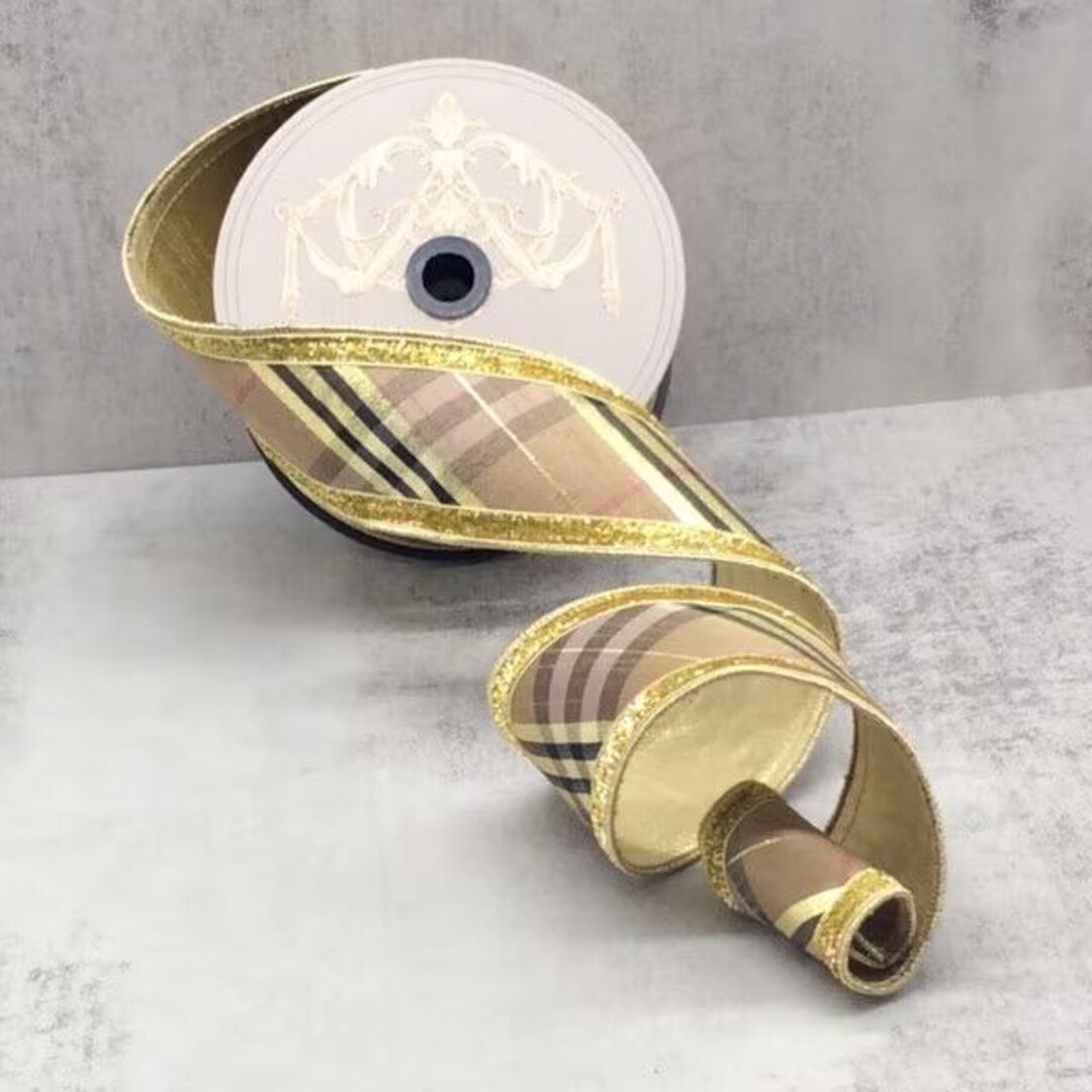 2.5" X 10yds Wired Dupion Plaid in Brown & Gold D. Stevens Ribbon ...