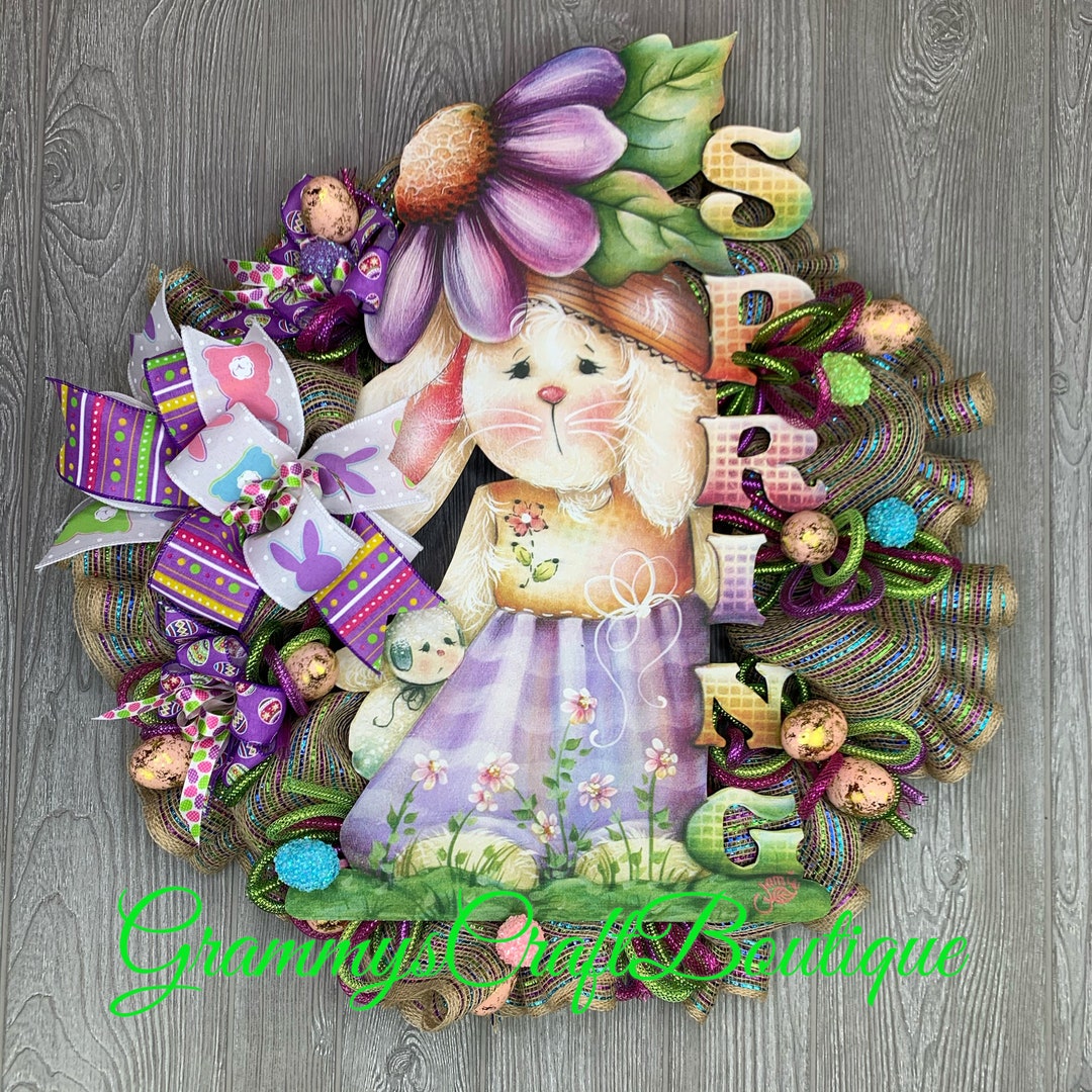 Large Spring Wreath, Easter Door Hanger, Wood Spring Sign, Bunny Wreath ...