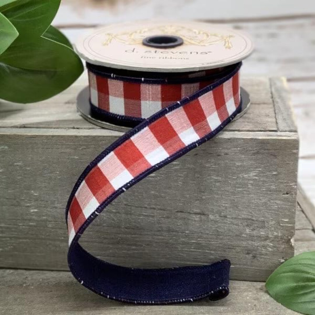 1” X 10yd Wired Patriotic Check D.stevens Ribbon, Red White Blue ...
