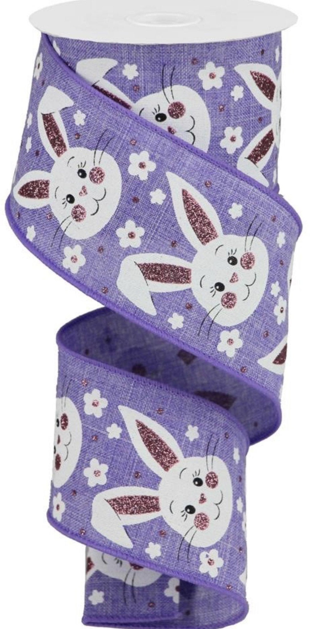 2.5” X 10 Yard Roll, Wired Easter Bunny Faces on Purple on Royal Burlap ...