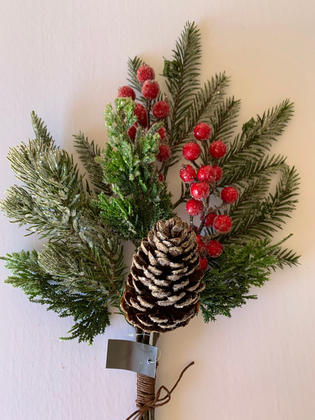 19 Inch Glittered Icy Mixed Pine Bundle W/red Berries & Pinecones ...