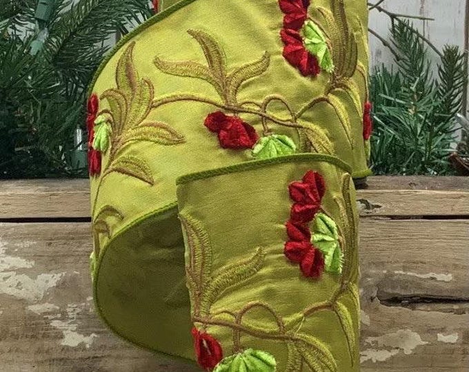 4" X 5yd Wired Green Dupion With Red Embroidery Flowers Dstevens Ribbon ...