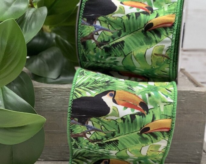 4” X 10 Yard Wired Panama Leaves Tropical D.stevens Ribbon, Tropical ...