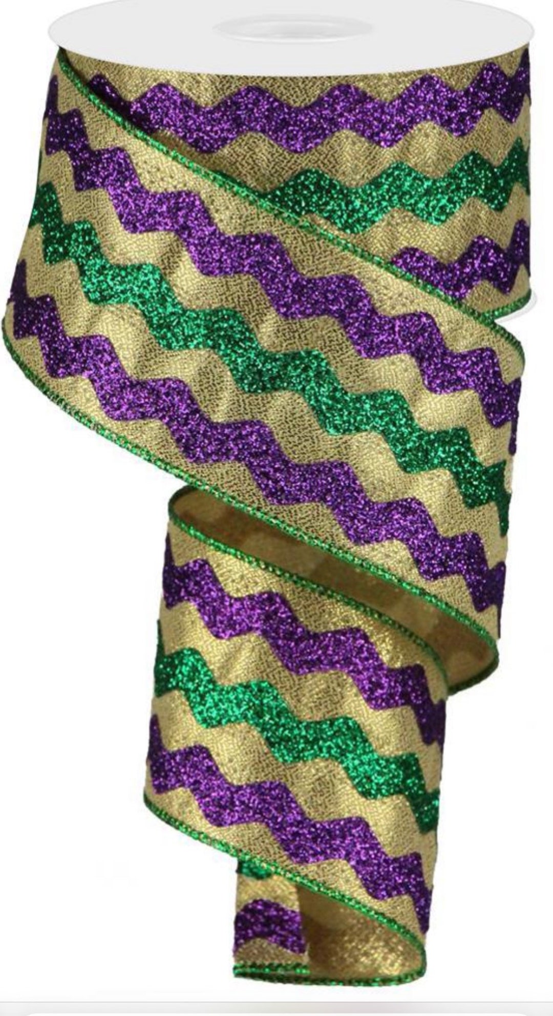 2.5” X 10 Yard Wired Mardi Gras Purple Gold and Green Ric Rac Ribbon on ...