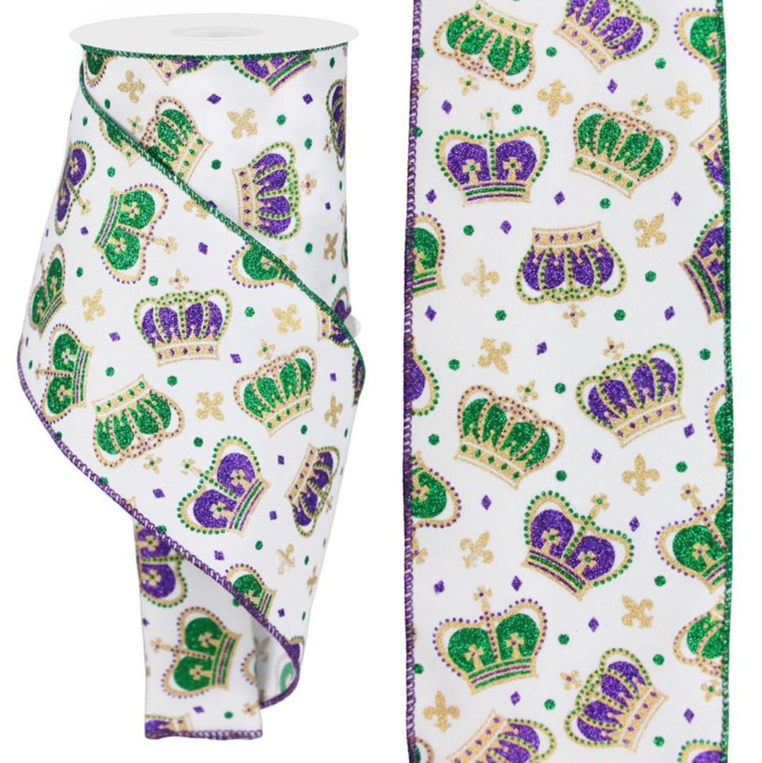 4” X 10 Yard Wired Mardi Gras Crown Pattern Ribbon, Mardi Gras Glitter ...