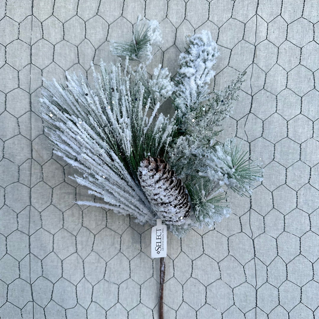 16” Mixed Snowy Pine & Cone Pick, Holiday Greenery, Christmas Spray ...