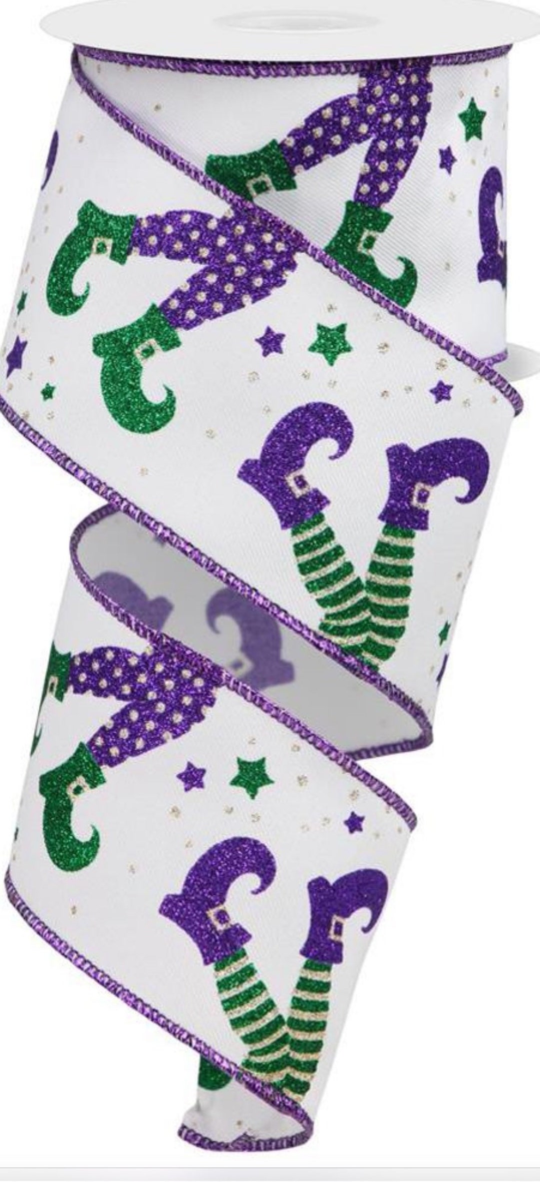 2.5” X 10 Yard Wired Mardi Gras Purple Gold and Green Jester Legs ...