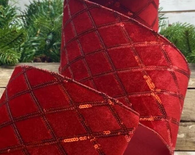 4” X 10 Yard Red Velvet Sequin Harlequin Wired Ribbon, Red Velvet ...