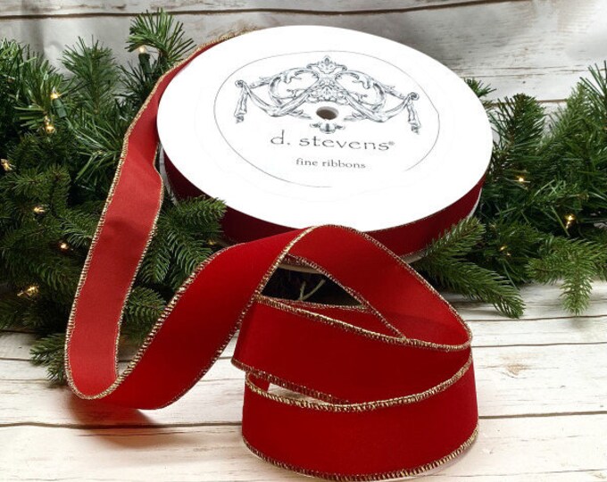 1.5" X 100 Yard Wired Red Velvet Gold Edge Weather Resistant Ribbon ...