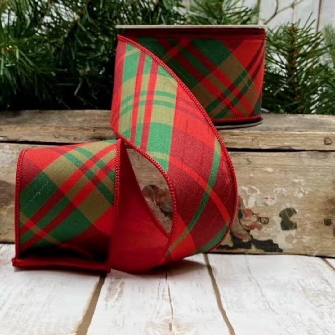 2.5" X 10yds Wired Faux Dupion Diagonal Plaid in Red and Green D ...