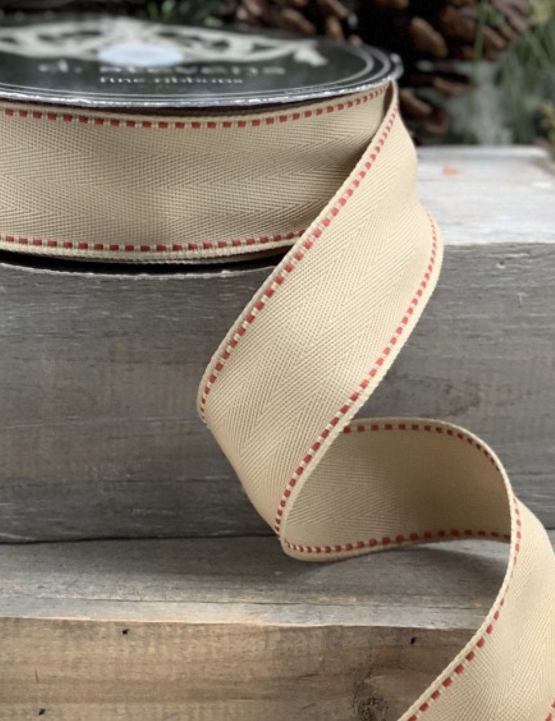 1.5” X 10 Yard Wired Khaki With Red & White Stitched Edge Ribbon, D ...
