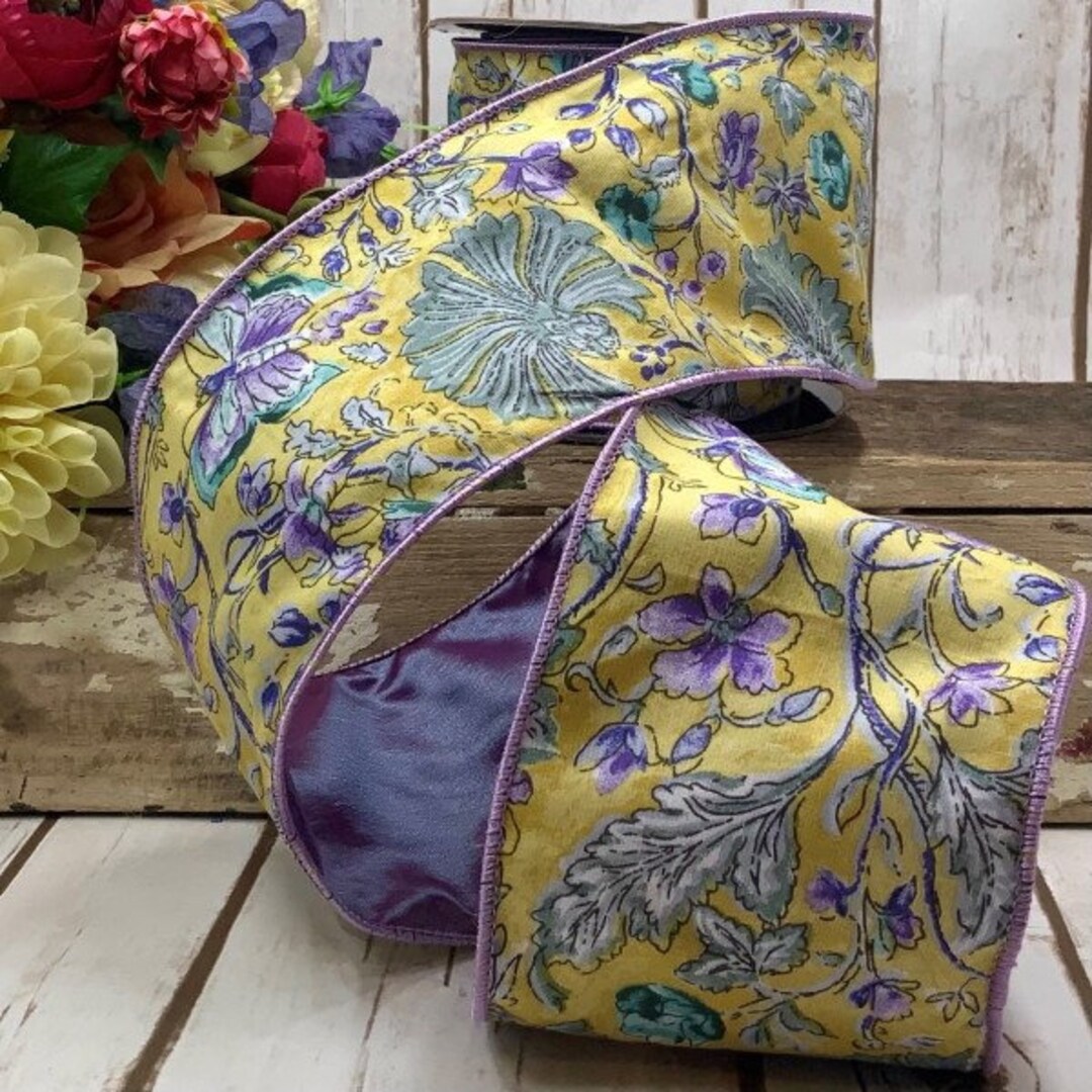 4” X 10 Yard Wired Cotton Fancy Garden Ribbon, Yellow Garden Ribbon D ...